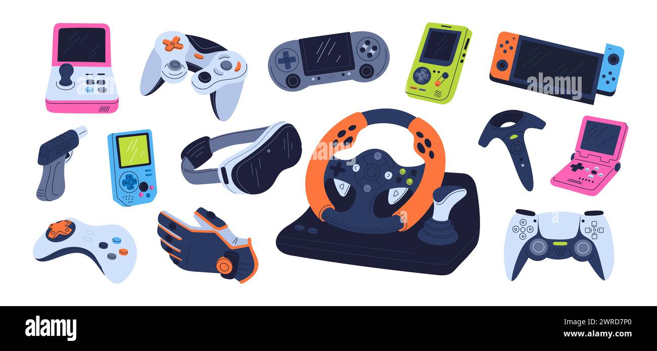 Remote control gadgets. Retro video game devices. Gamer digital ...