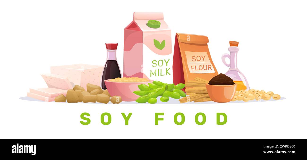 Cartoon soy products composition. Soybean food. Natural organic source ...