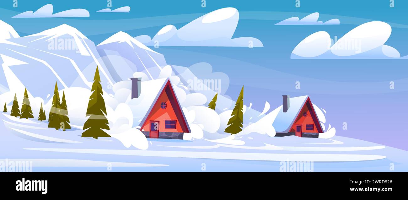 Avalanche on residential settlement. Natural danger disaster. Houses ...