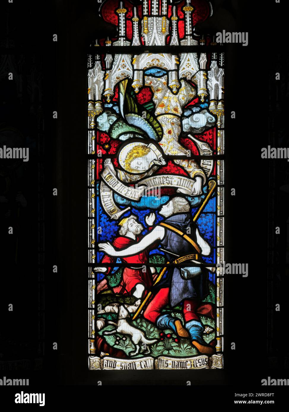 An angel tells shepherds about the birth of Jesus Christ, illustration ...