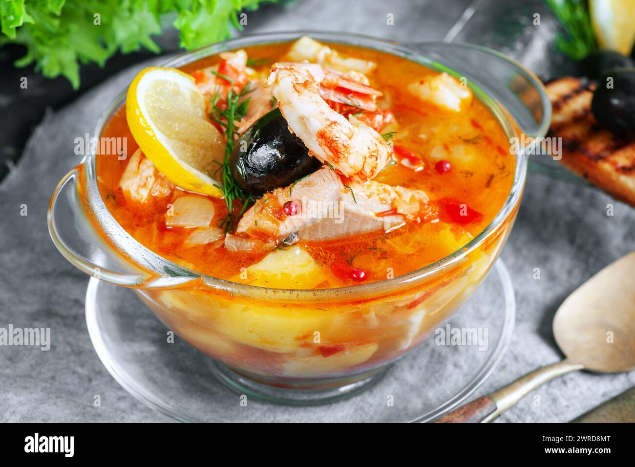 Delicious bouillabaisse soup is prepared from the freshest seafood ...