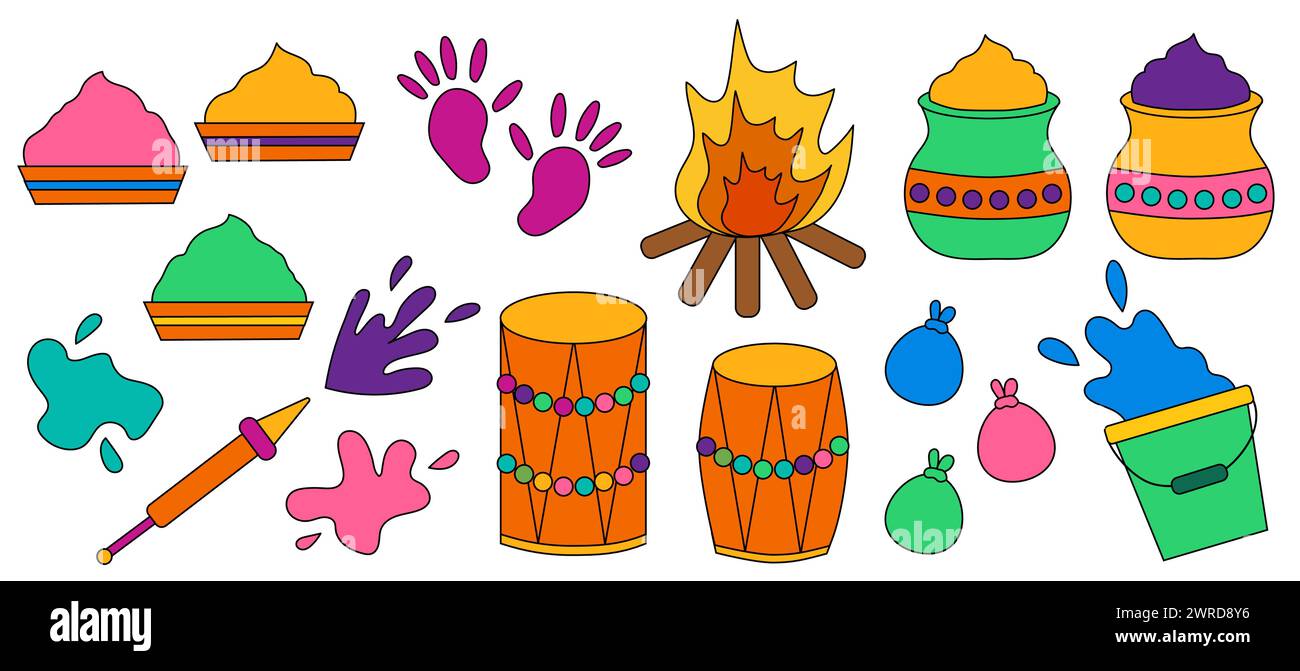 Set of Happy Holi elements. Design for celebration of Indian festival ...