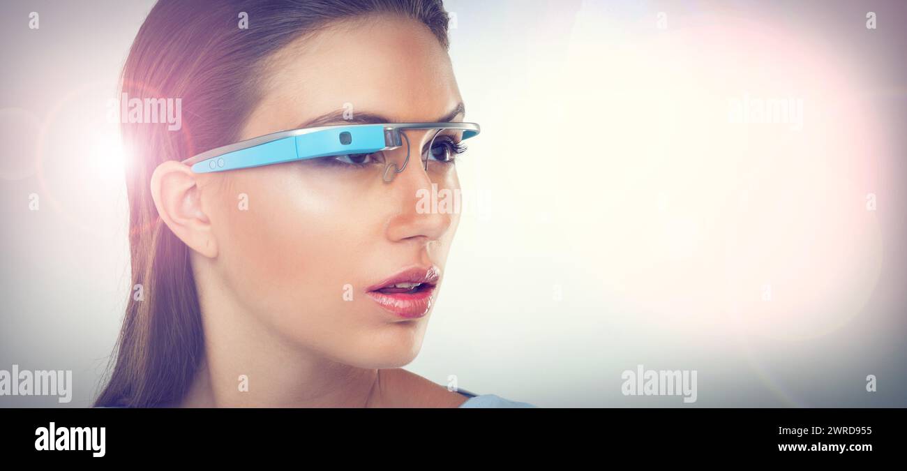 Vision, woman and smart glasses for augmented reality, metaverse or ...