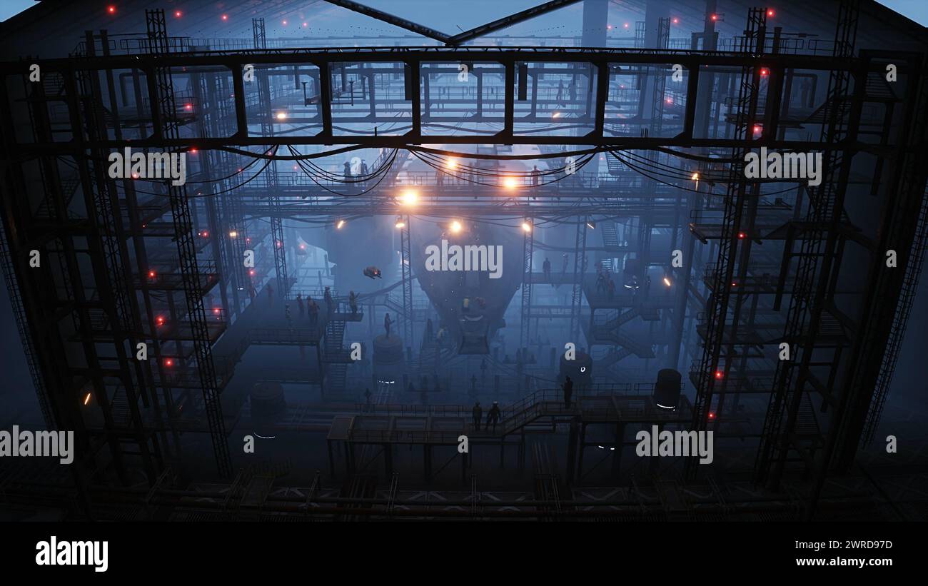Production of military futuristic ship at the factory. People and ...