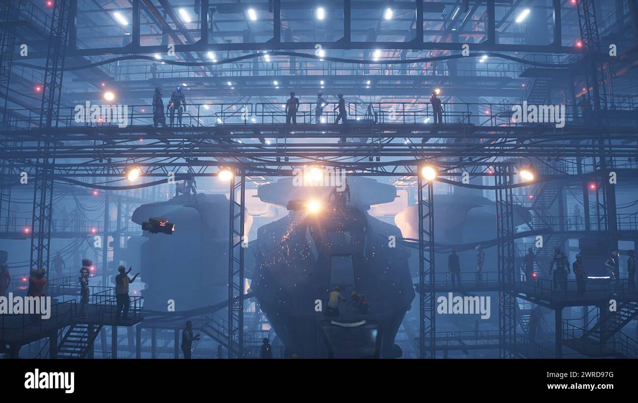 Production of military futuristic ship at the factory. People and ...