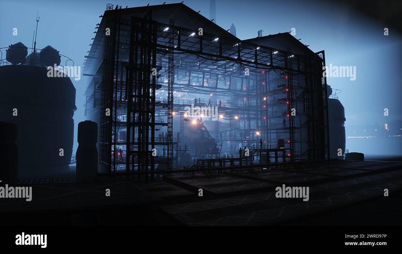 Production of military futuristic ship at the factory. People and ...