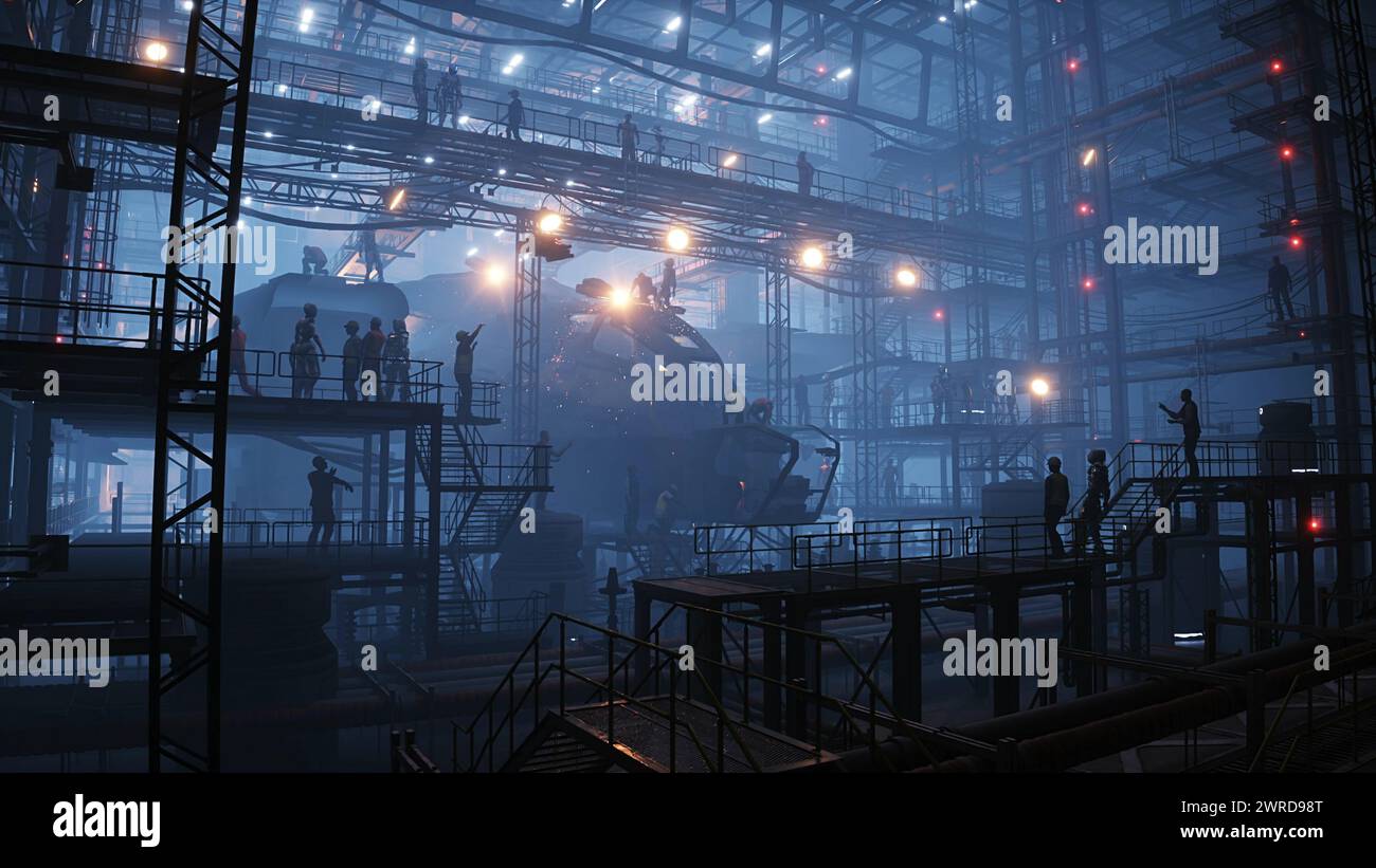 Production of military futuristic ship at the factory. People and ...