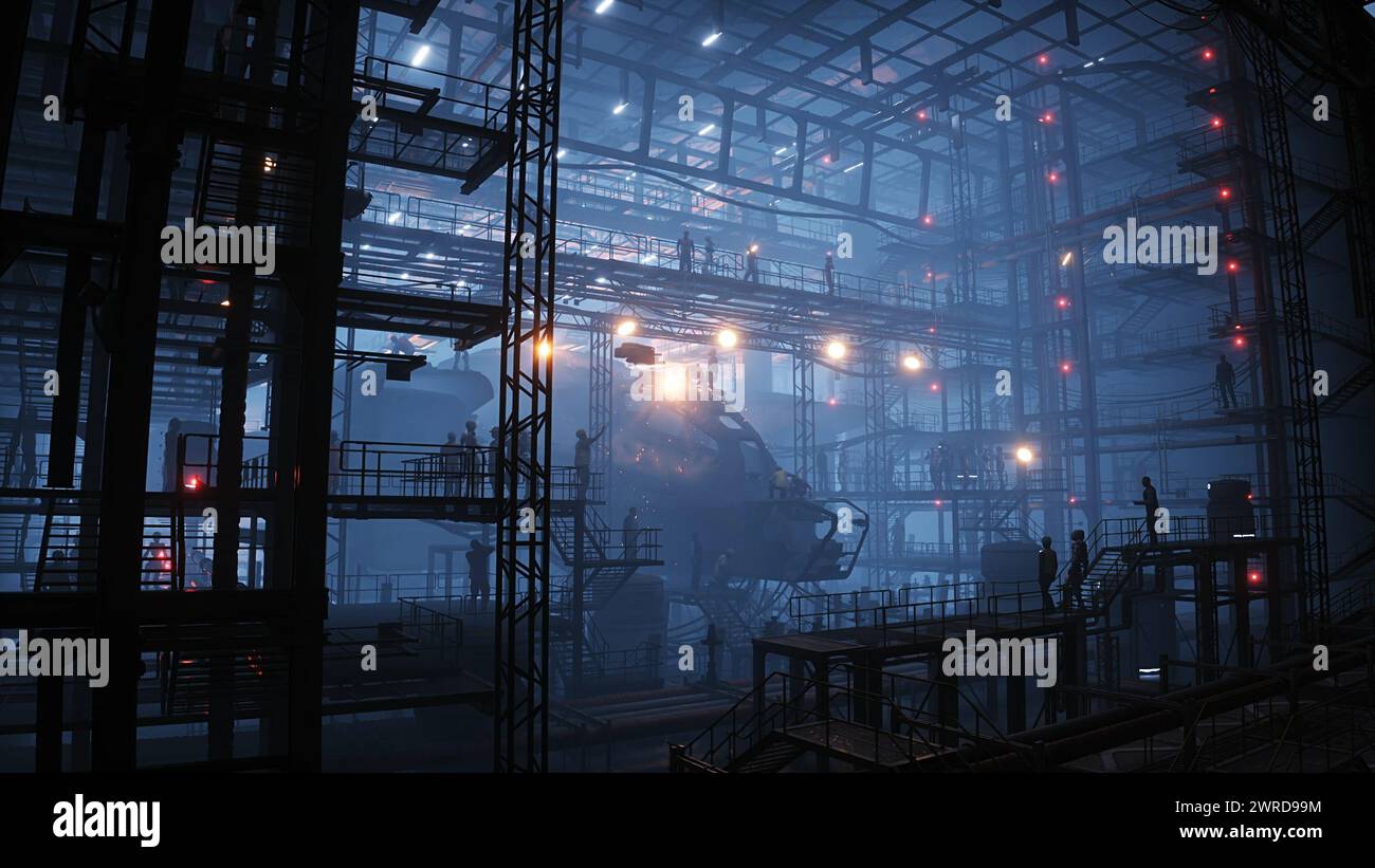 Production of military futuristic ship at the factory. People and ...