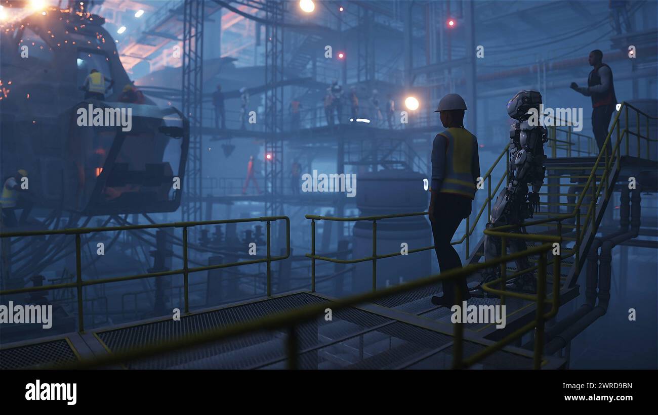 Production of military futuristic ship at the factory. People and ...