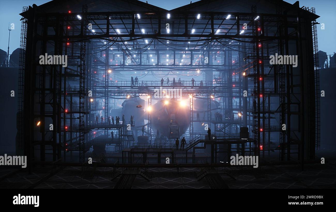 Production of military futuristic ship at the factory. People and ...