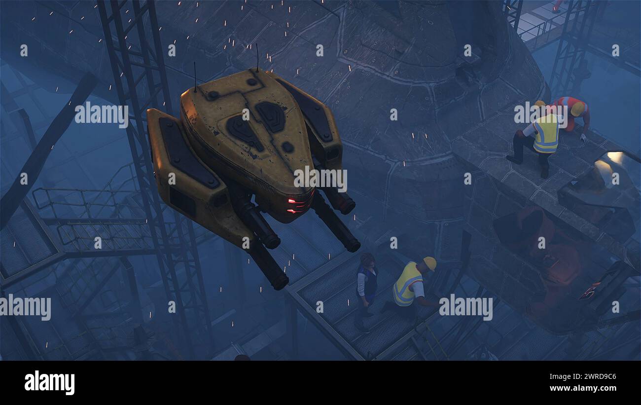 Production of military futuristic ship at the factory. People and ...