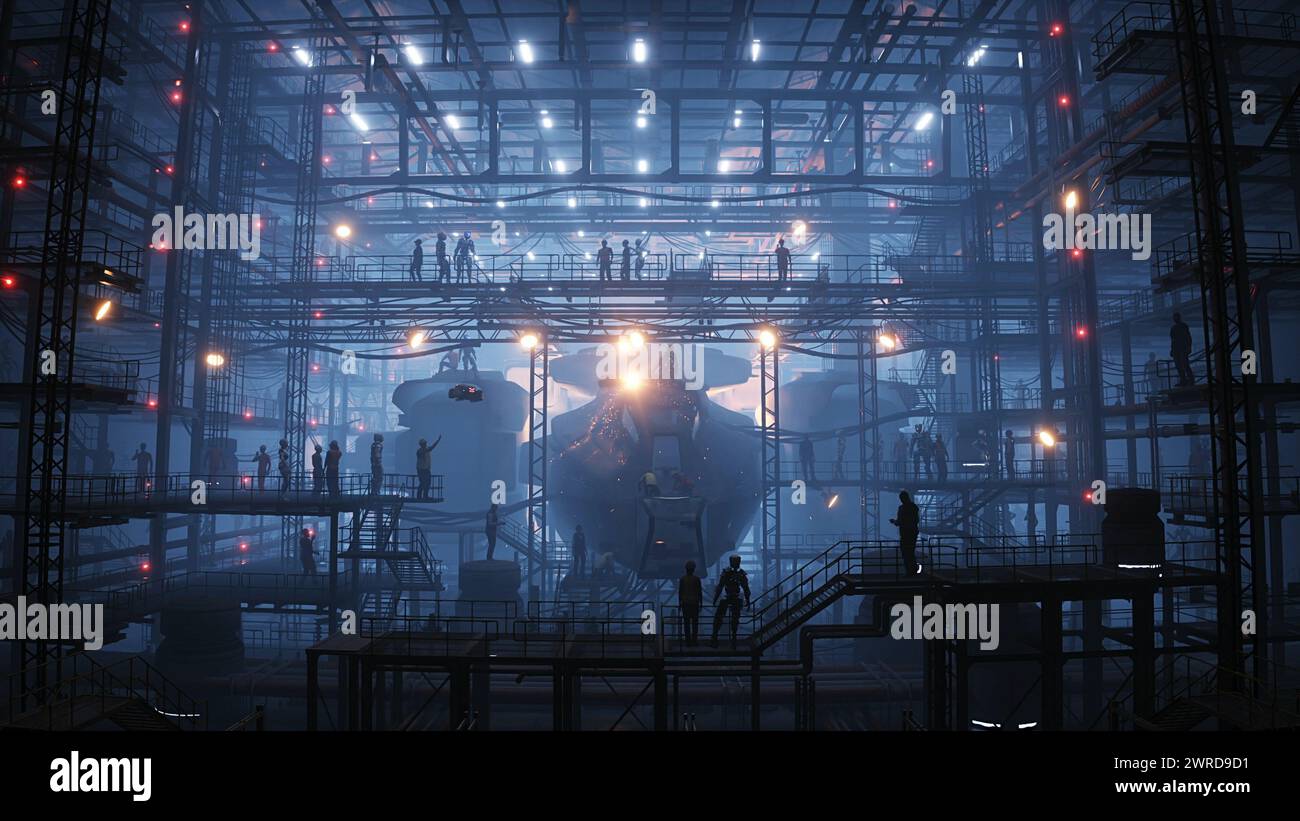 Production of military futuristic ship at the factory. People and ...