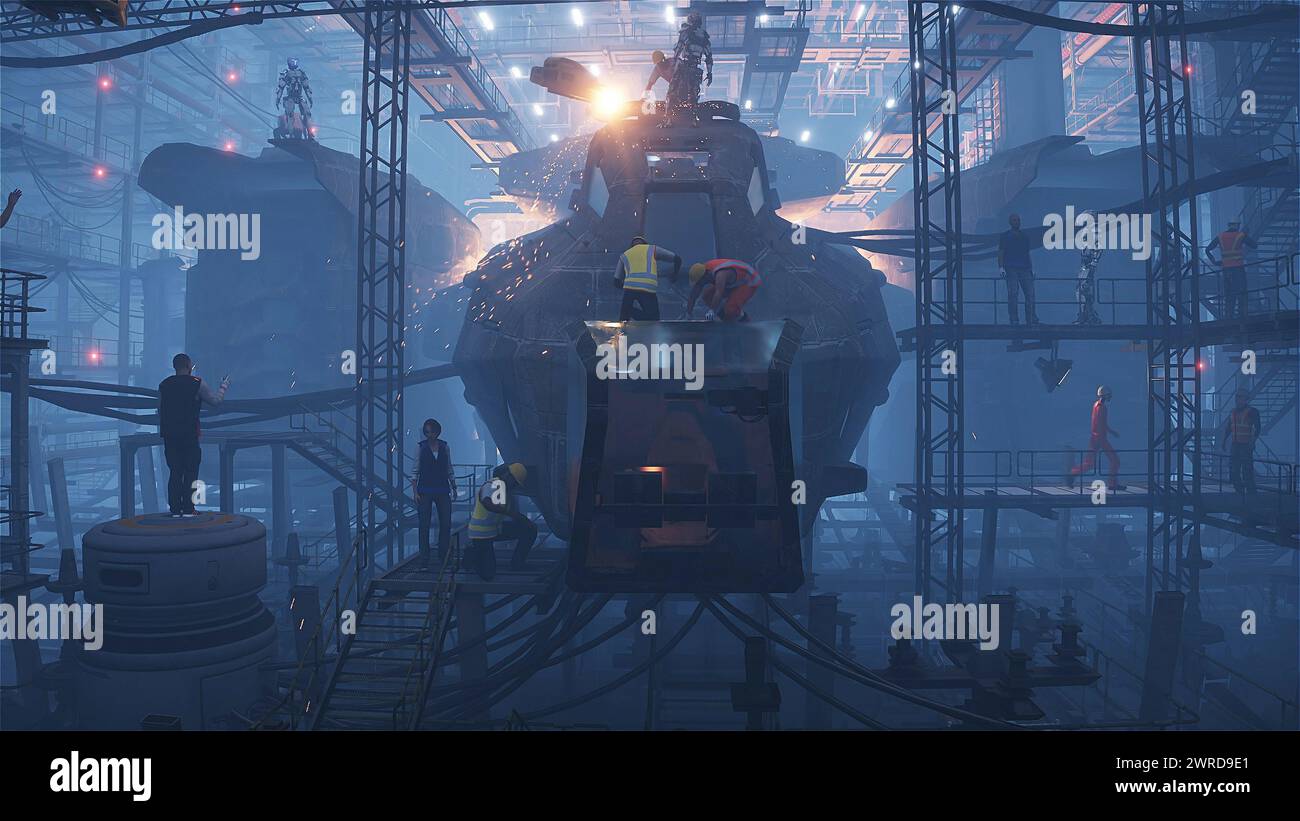 Production of military futuristic ship at the factory. People and ...