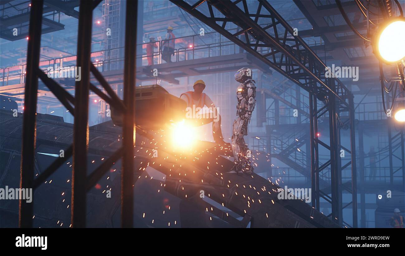 Production of military futuristic ship at the factory. People and ...