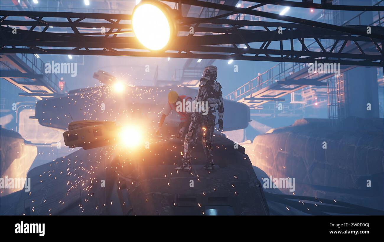 Production of military futuristic ship at the factory. People and ...