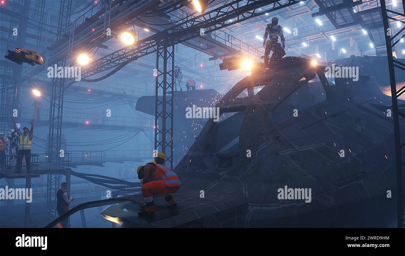 Production of military futuristic ship at the factory. People and ...