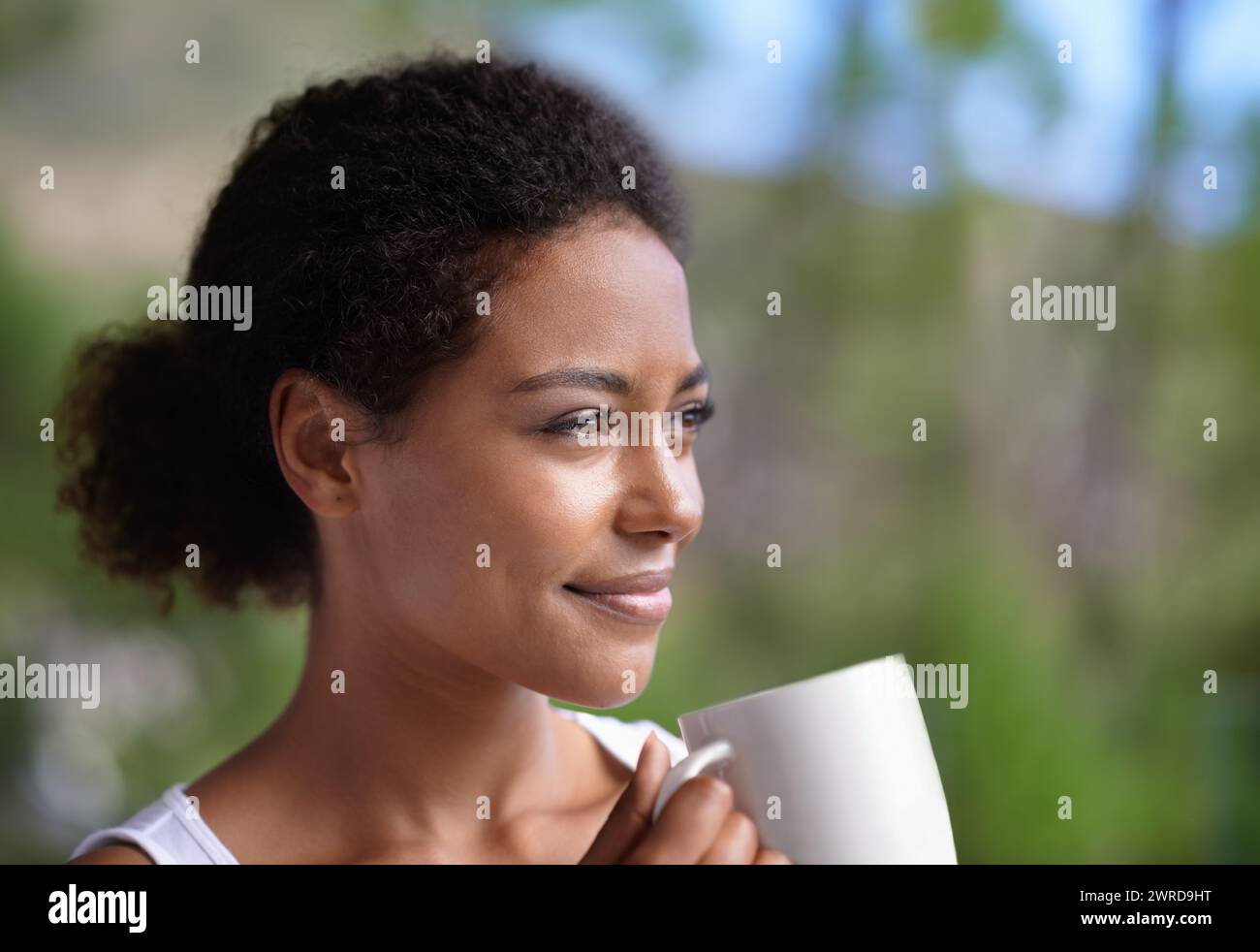 Thinking, coffee and woman on a balcony with peace, reflection or ...