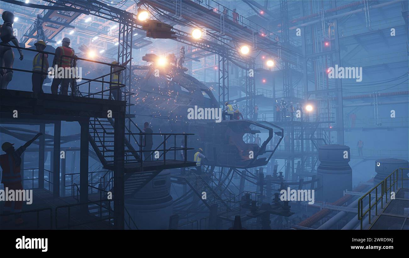 Production of military futuristic ship at the factory. People and ...