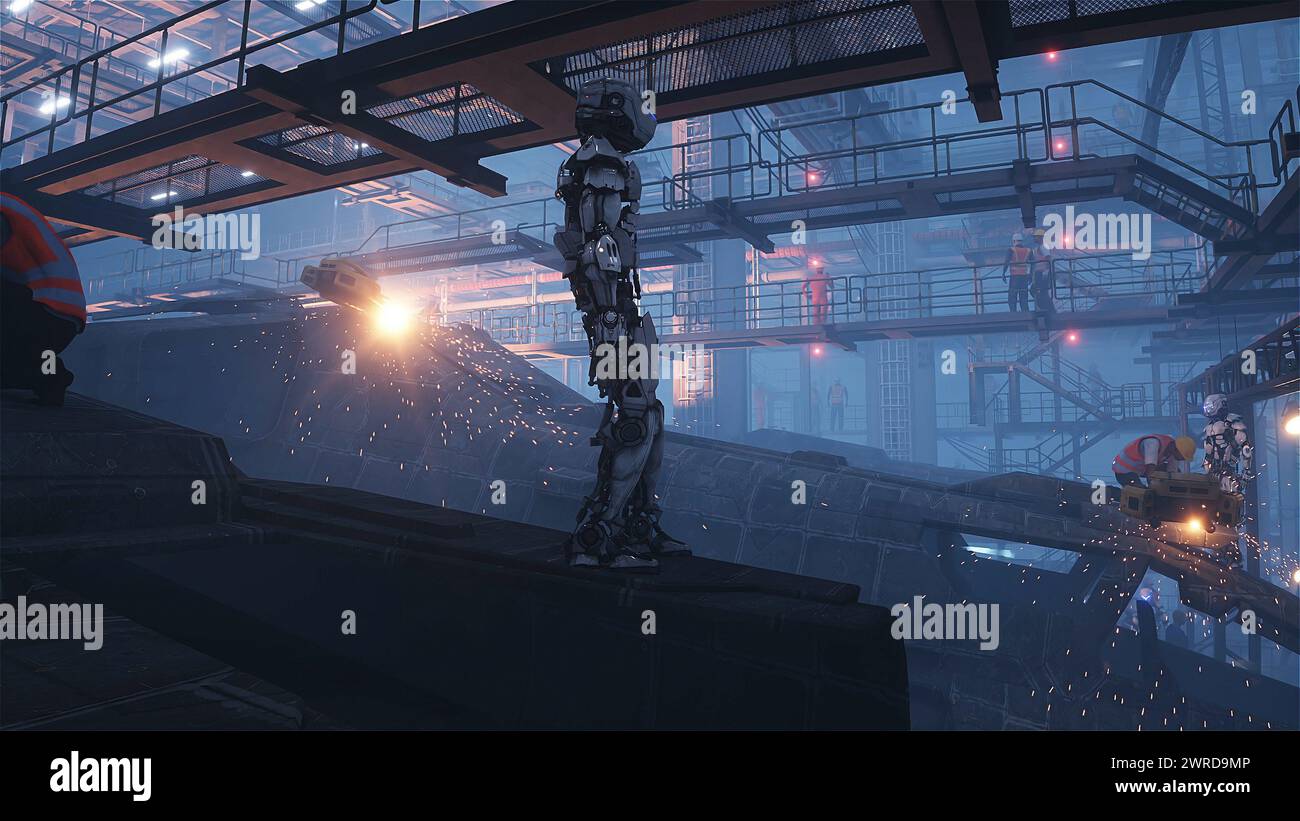 Production of military futuristic ship at the factory. People and ...