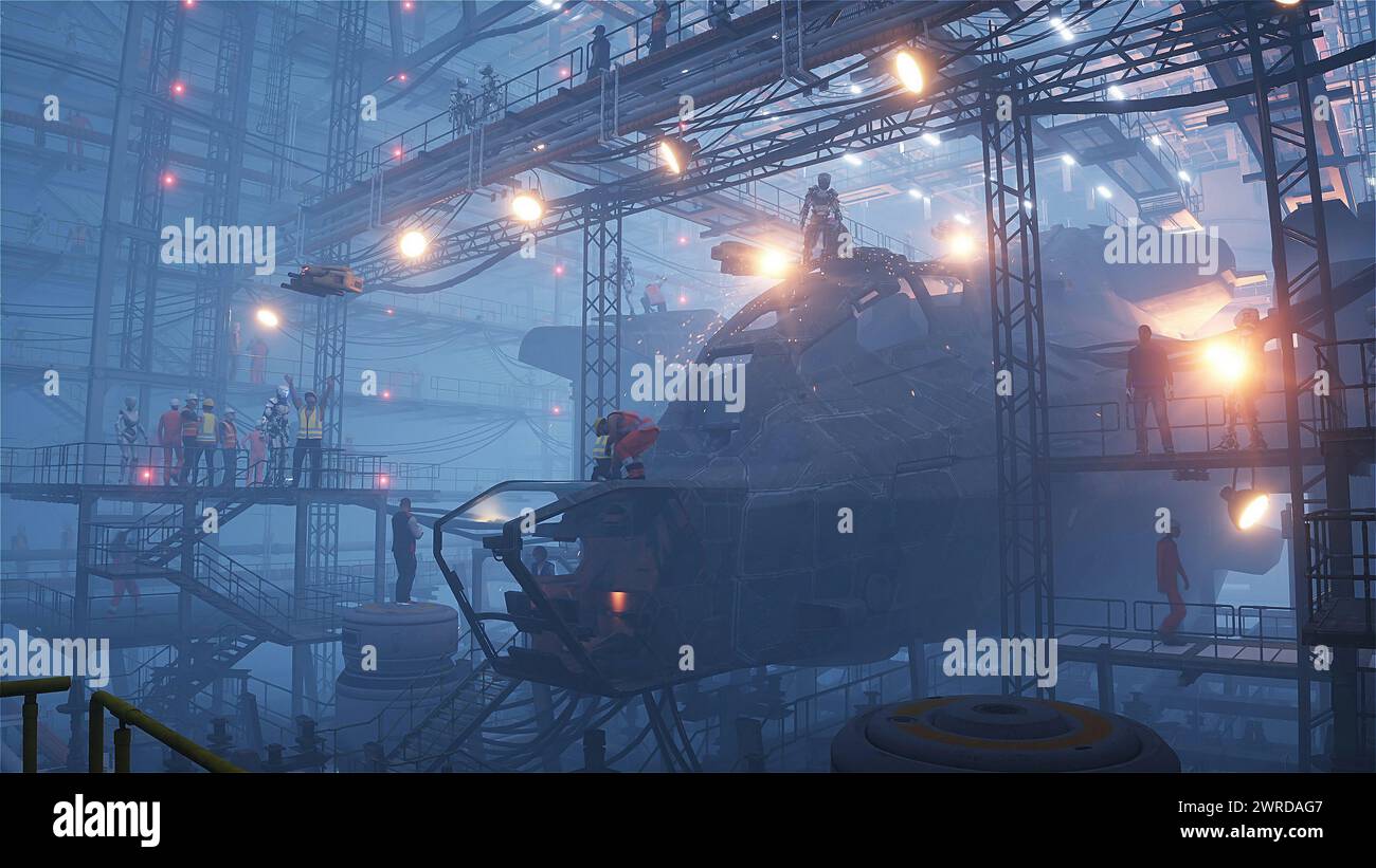 Production of military futuristic ship at the factory. People and ...
