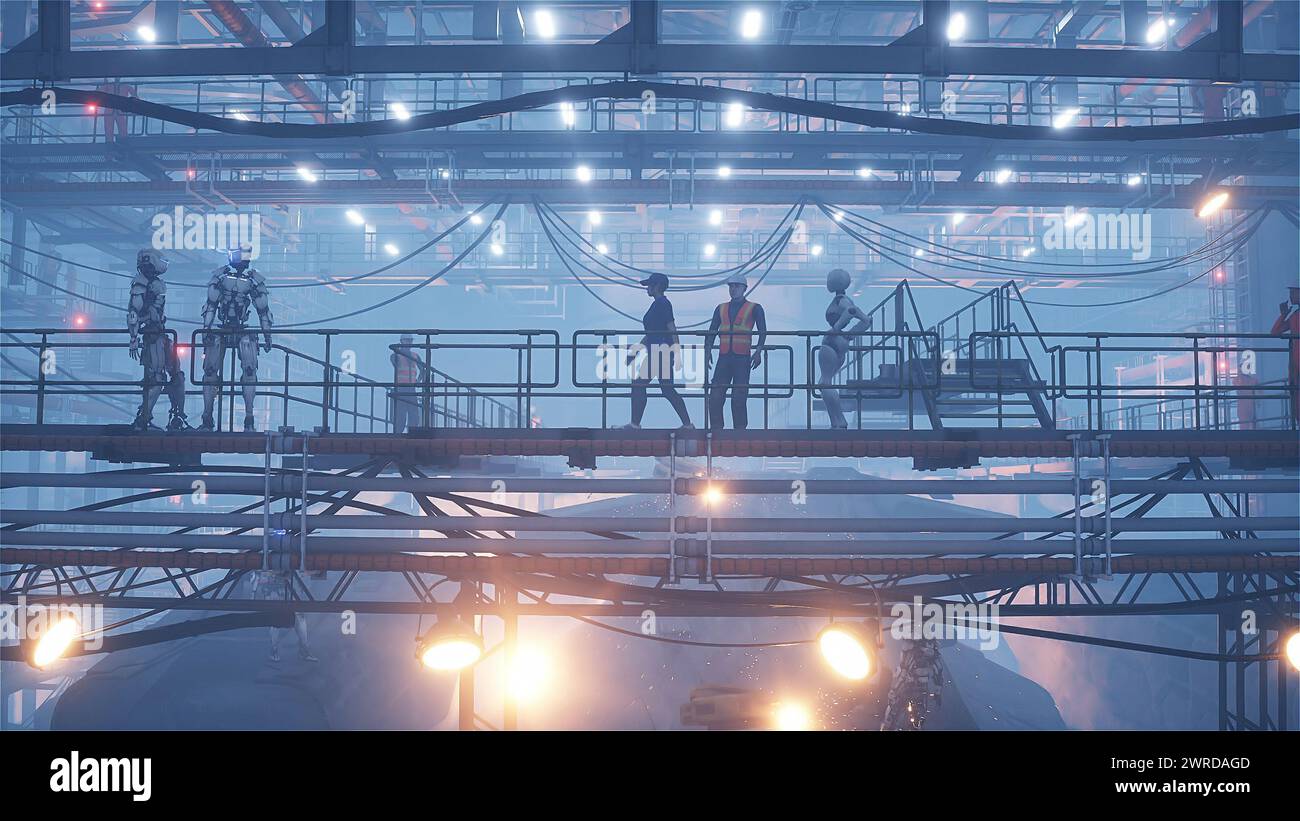 Production of military futuristic ship at the factory. People and ...