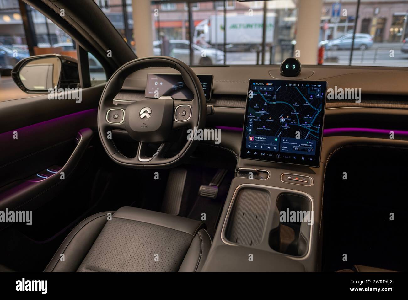 closeup black instrument panel, dashboard, digital gauge cluster ...