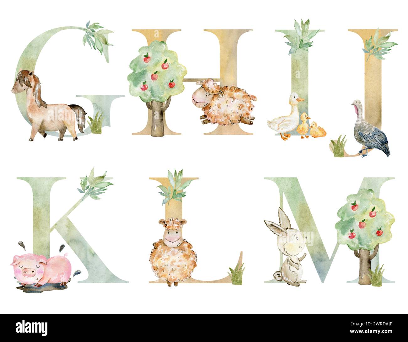 Watercolor farm animals letters Stock Photo - Alamy