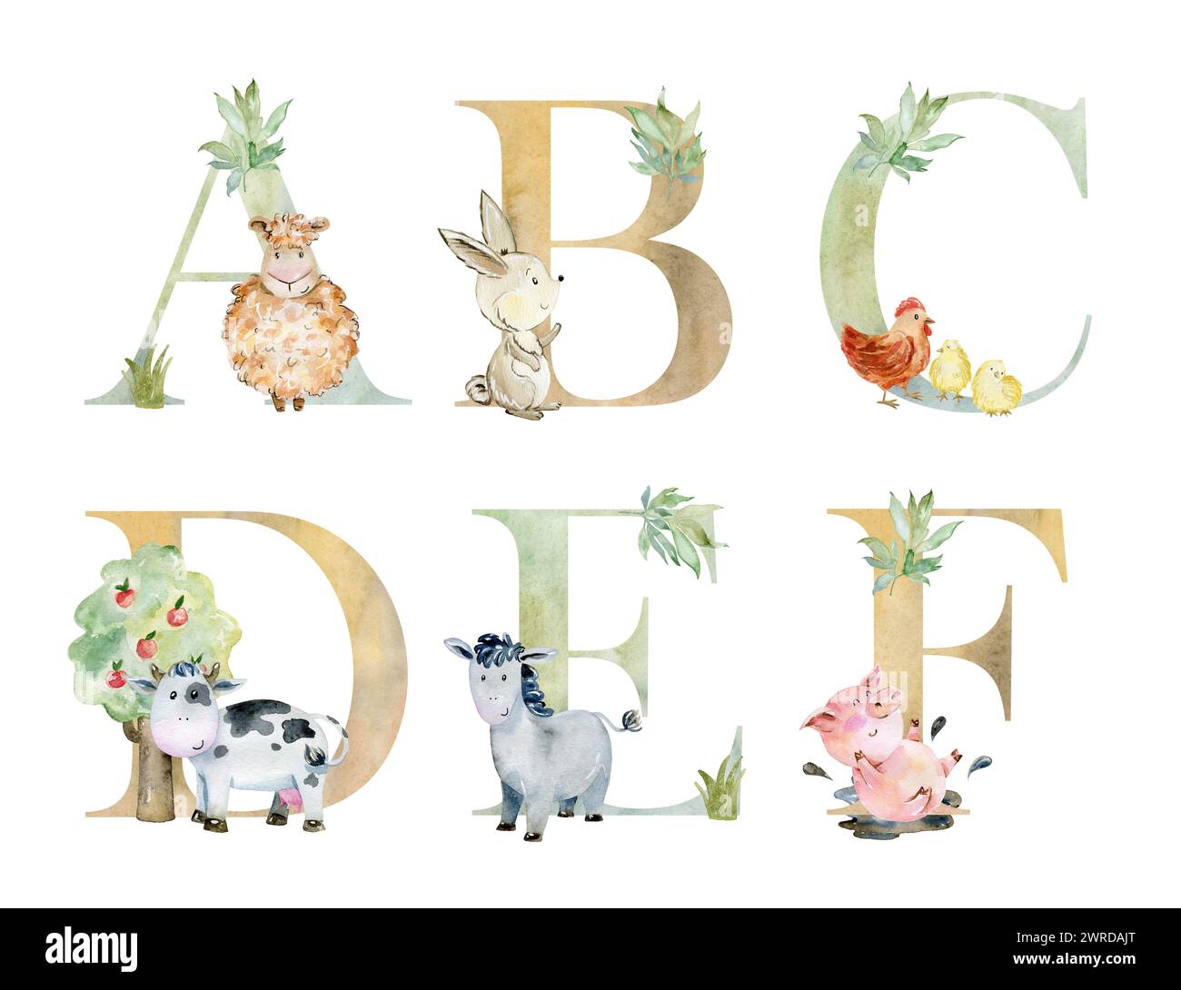 Watercolor farm animals letters Stock Photo - Alamy