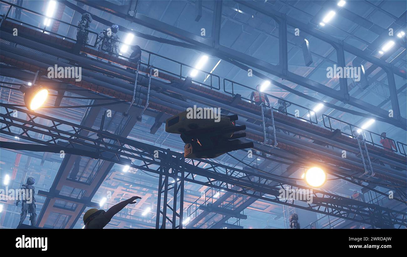 Production of military futuristic ship at the factory. People and ...