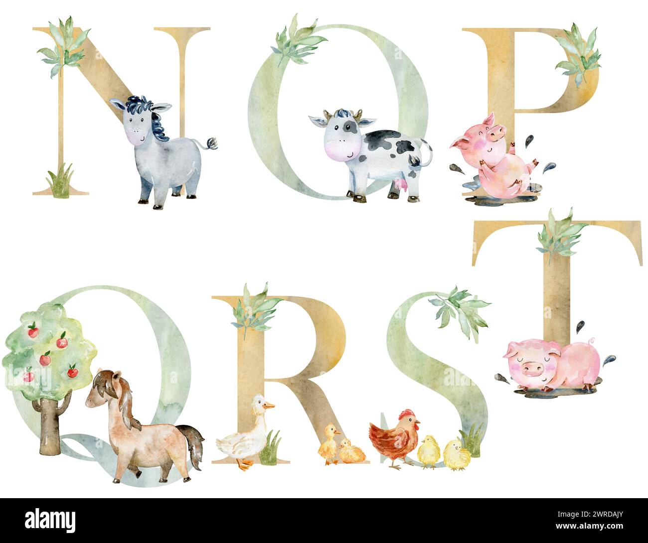 Watercolor farm animals letters Stock Photo - Alamy