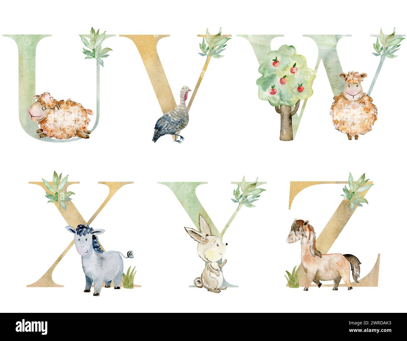 Watercolor farm animals letters Stock Photo - Alamy