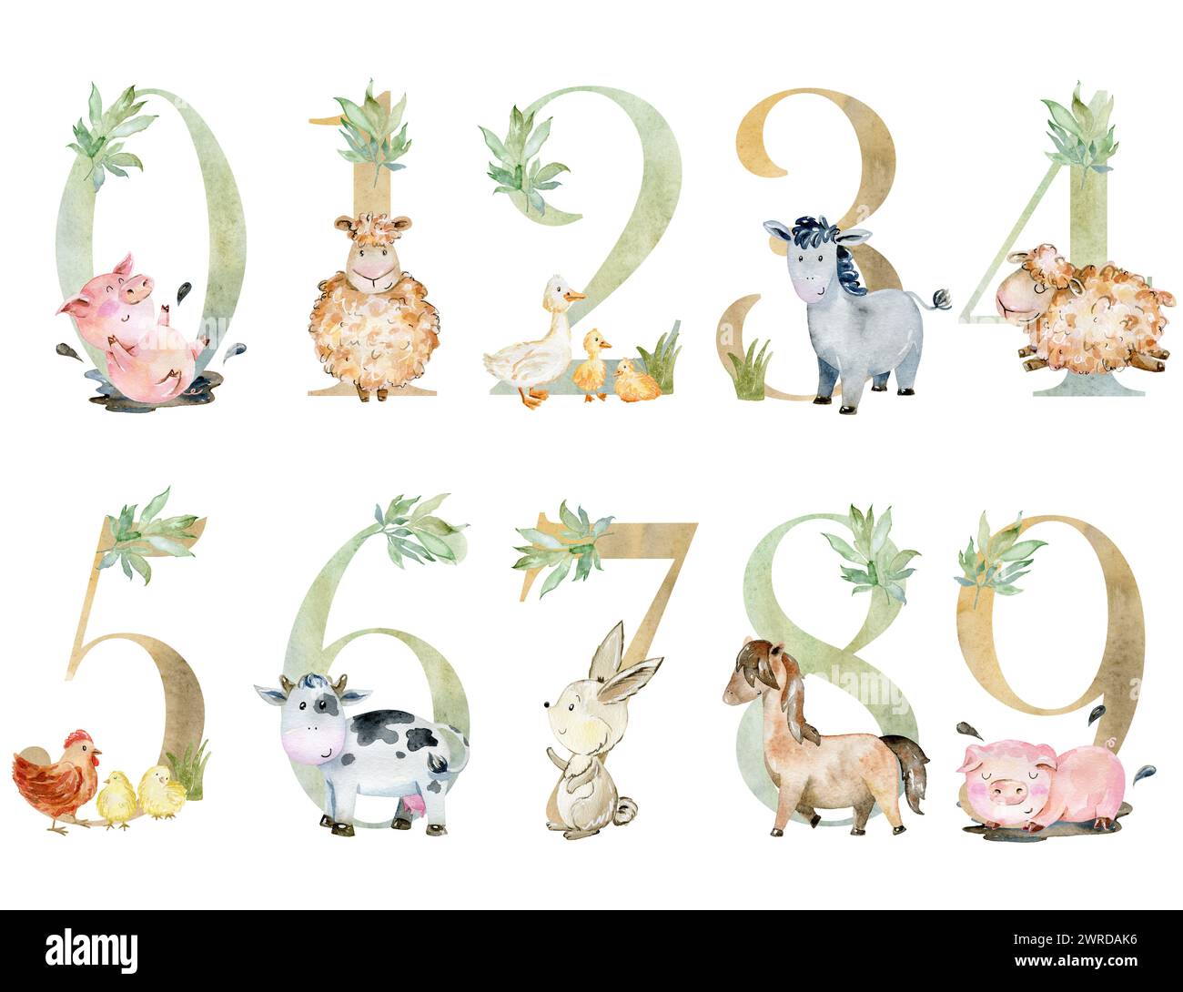 Watercolor farm animals numbers Stock Photo - Alamy
