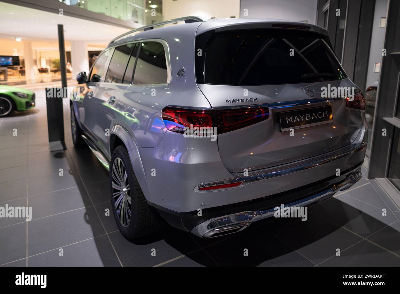 rear view silver Maybach GLS SUV rear view, car Mercedes-Benz Group ...