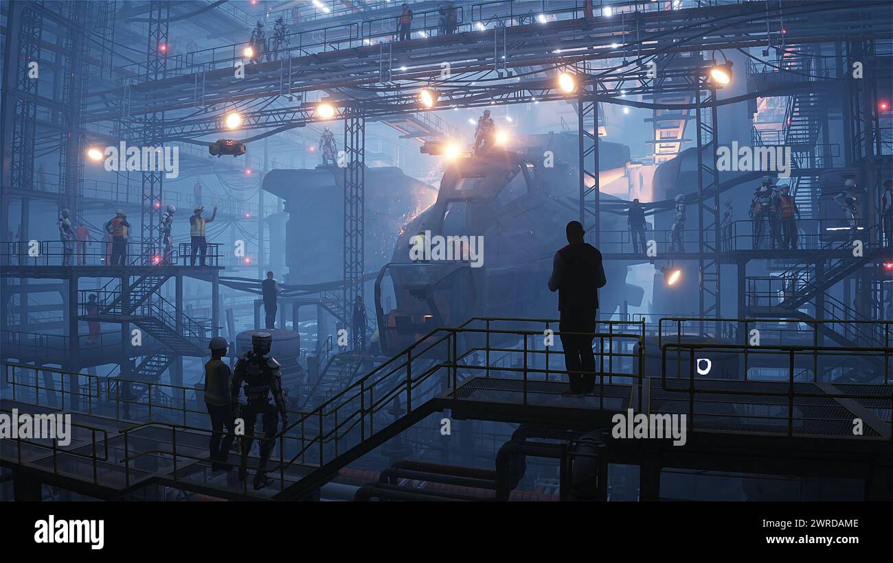 Production of military futuristic ship at the factory. People and ...