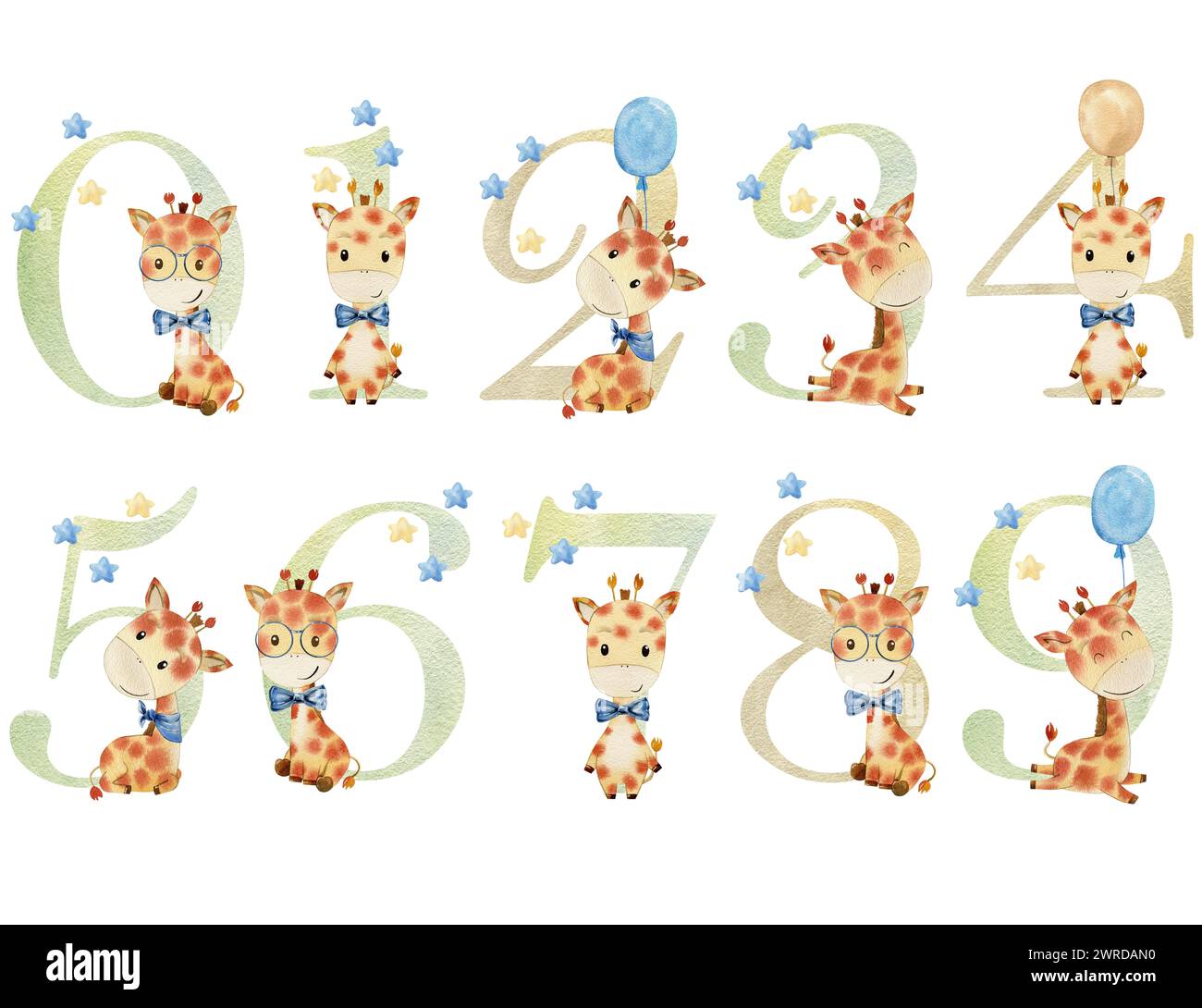 Watercolor animals numbers Stock Photo - Alamy