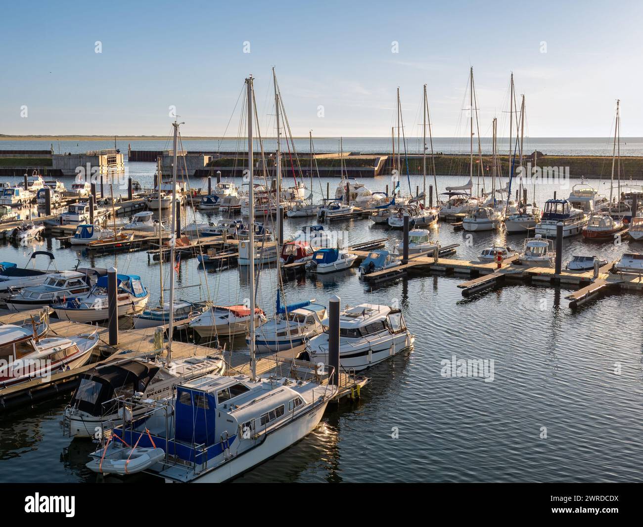 Boats in marina of Esbjerg Strand in city of Esbjerg at North Sea coast ...