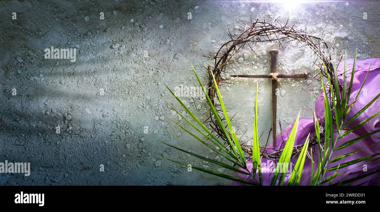 Lent - Crown Of Thorns and Cross With Purple Robe On Ash - Palm Leaves ...