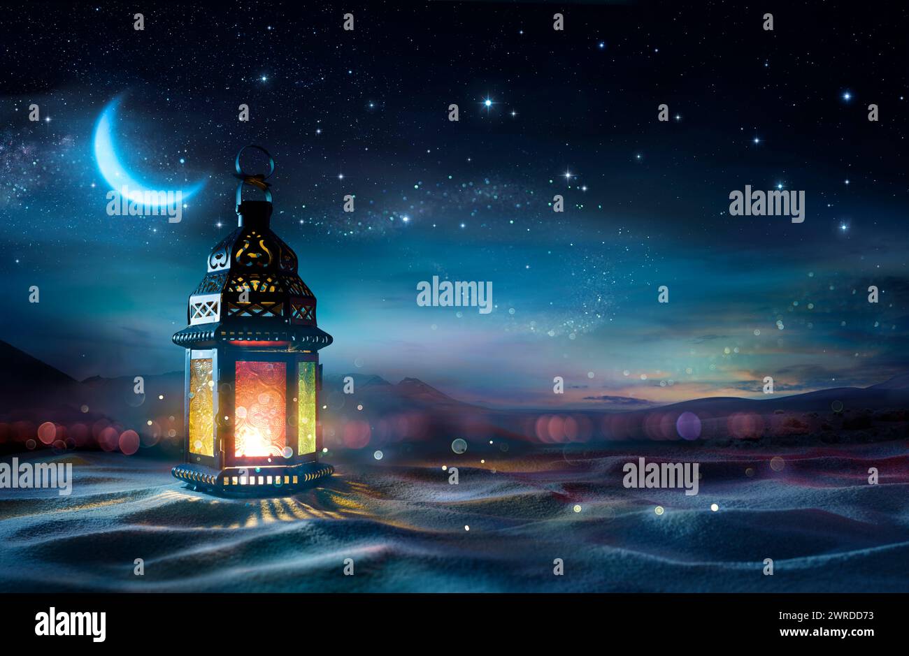 Ramadan Kareem - Arabic Lantern At Night In deserve With Crescent Moon ...