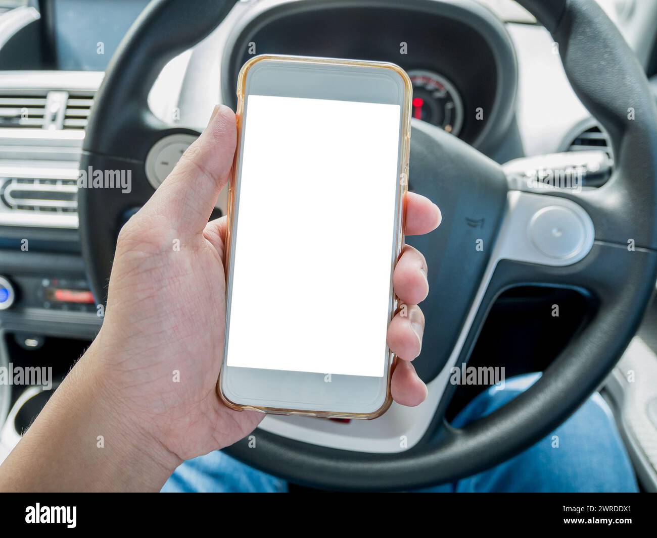 Man driver using mobile smart phone with blank screen in car Stock ...