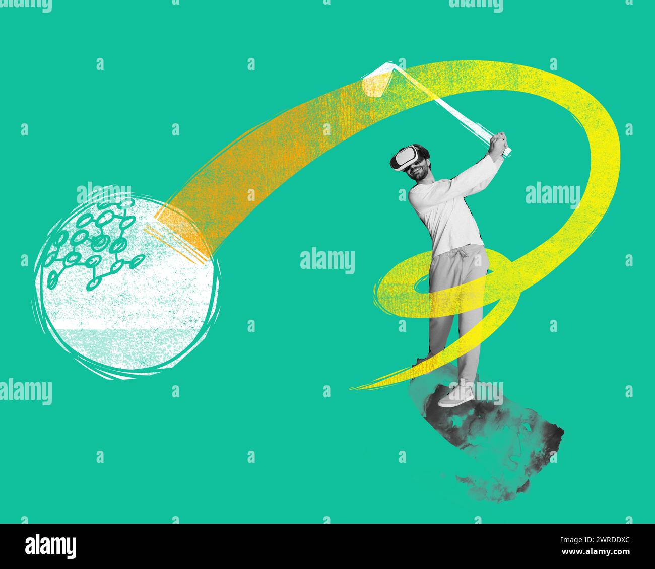 Contemporary art collage. Young man wearing VR glasses in black and ...