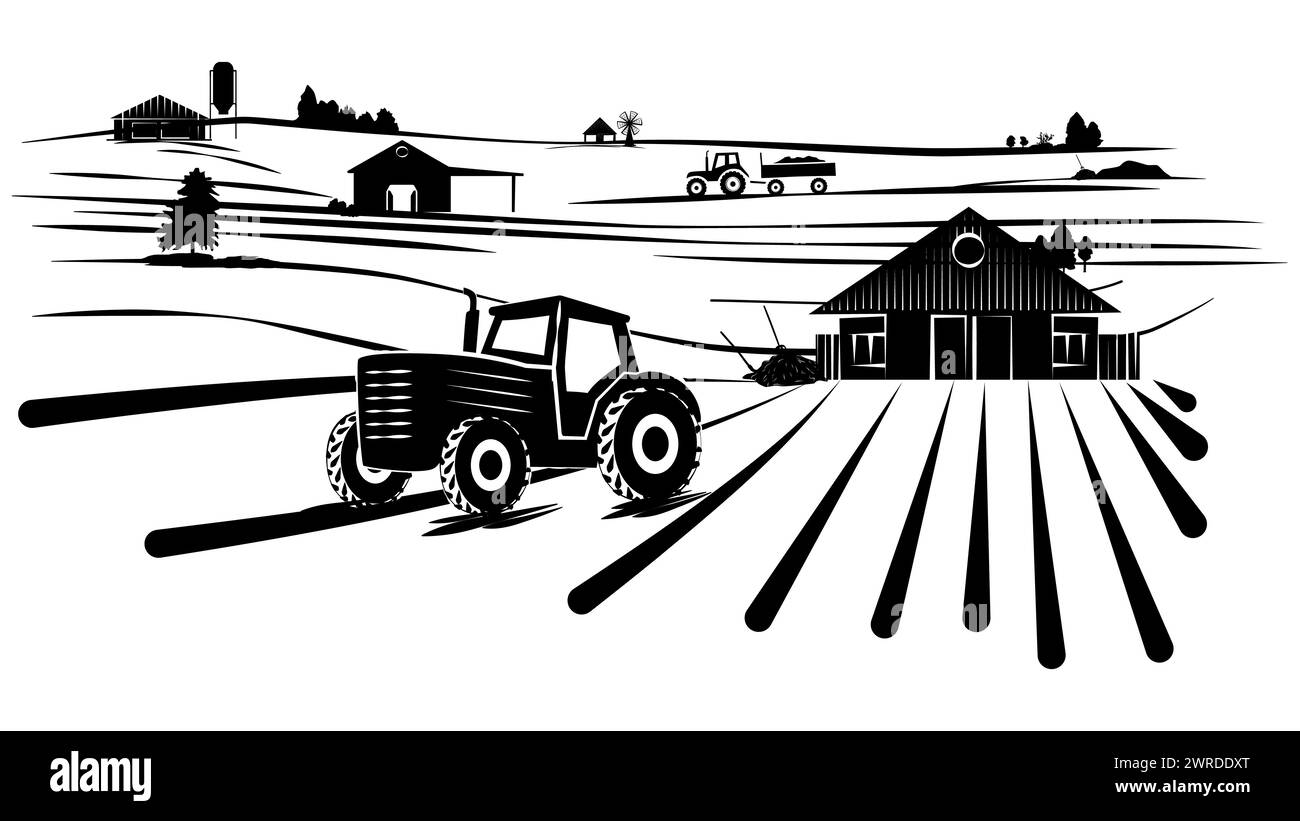 Silhouette scene from farm life with fields with tractors, barns and ...