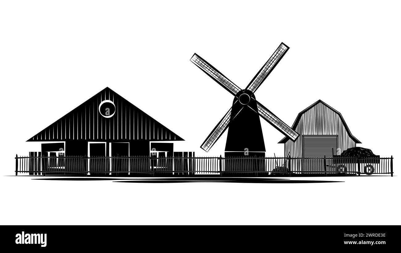 Set of silhouette scenes from farm life with house, barn and windmill ...