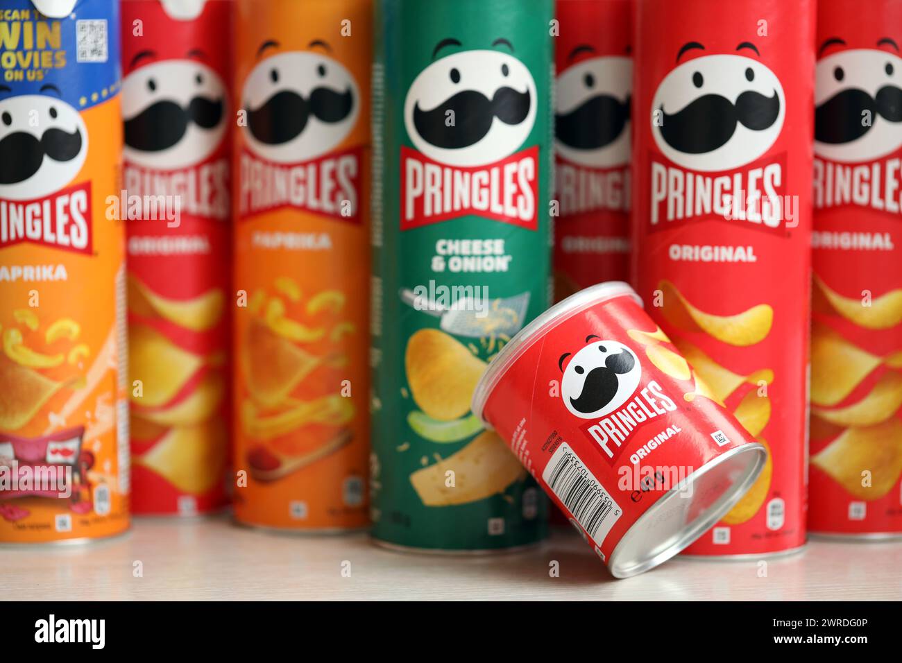 KYIV, UKRAINE - FEBRUARY 27, 2024 Pringles original potato chips on ...