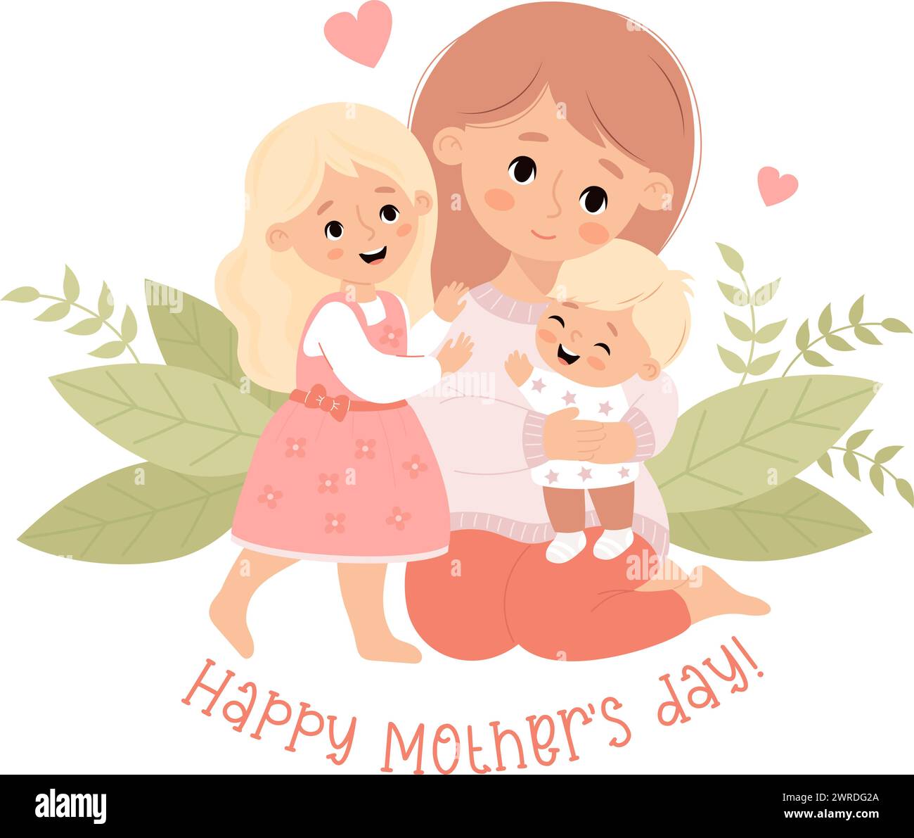 Cute woman mother with his blonde daughter in pink dress and little ...