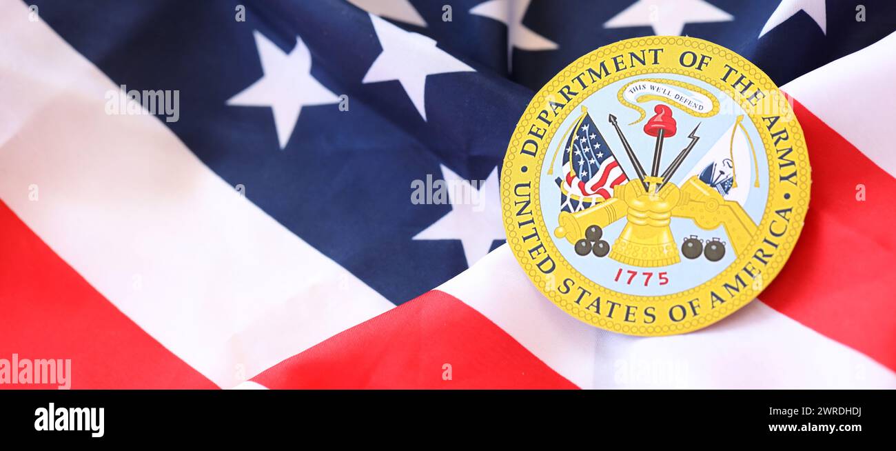 KYIV, UKRAINE - MARCH 9, 2024 US Department of Army seal on United ...