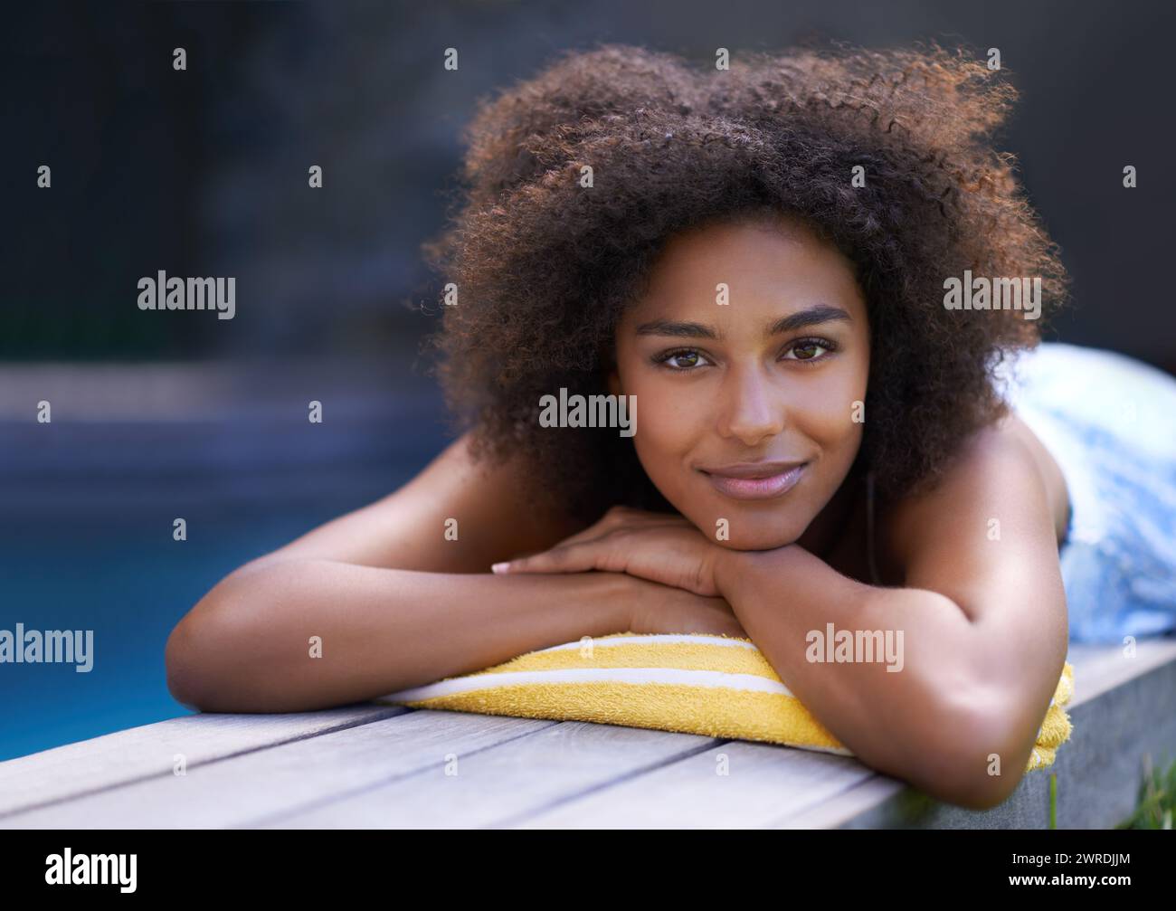 Deck, portrait and black woman relax at poolside for travel, break or ...
