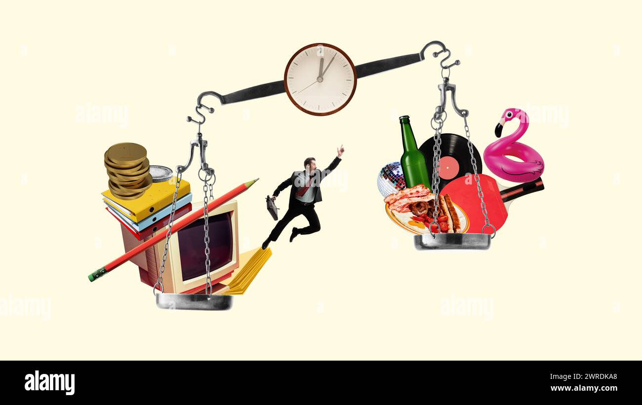Businessman jumping on scales from working routine into leisure and ...