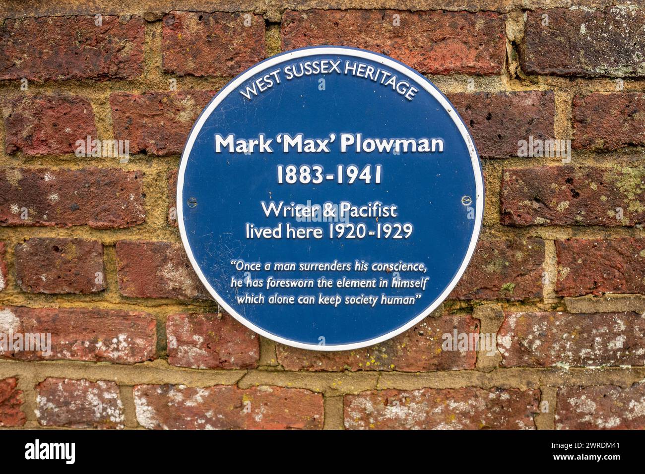 Storrington, March 6th 2024: Blue plaque for Max Plowman Stock Photo ...