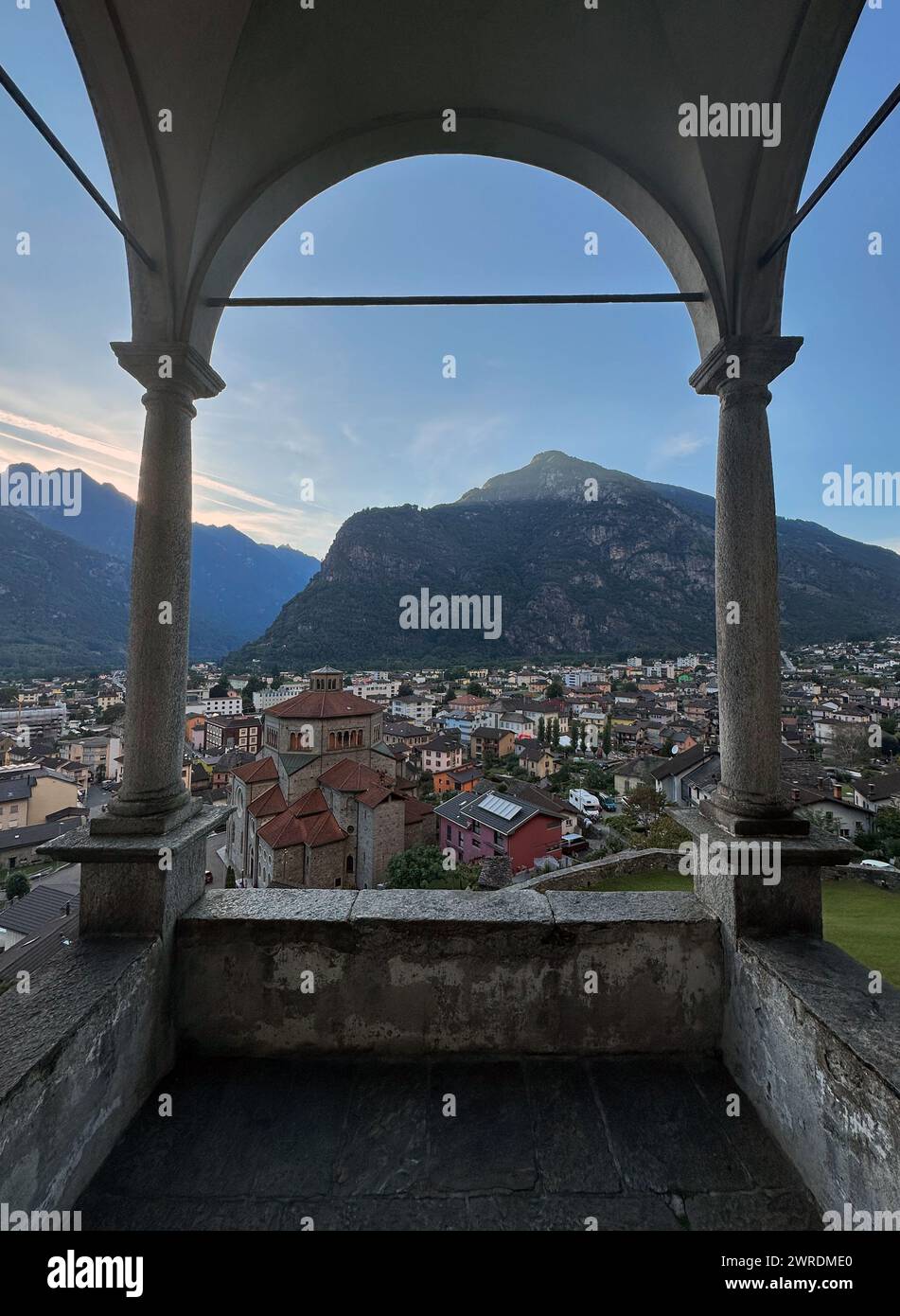 Biasca town view from the church of Saints Peter and Paul colonnade ...