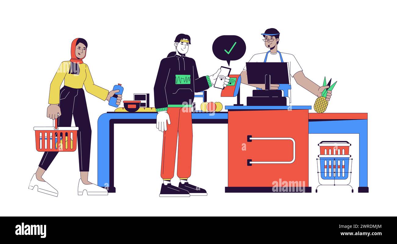 Man NFC contactless paying at checkout 2D linear cartoon characters ...